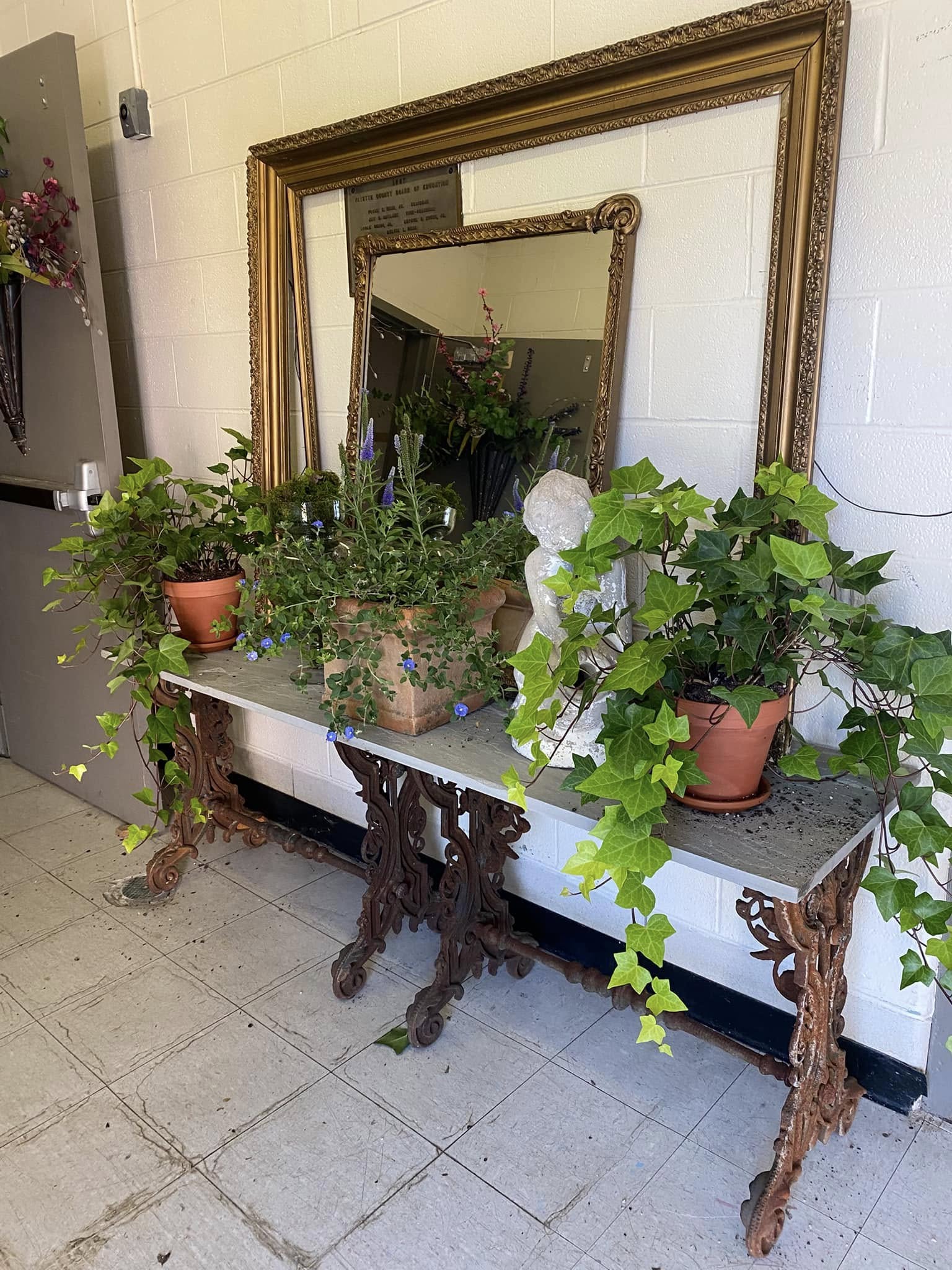 Table with Planters & Large Mirror - Rose House Antiques